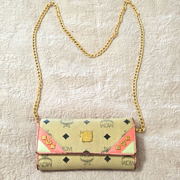 MCM | Bags | Mcm Tan And Gold Chain Wallet With Crossbody Chain | Poshmark
